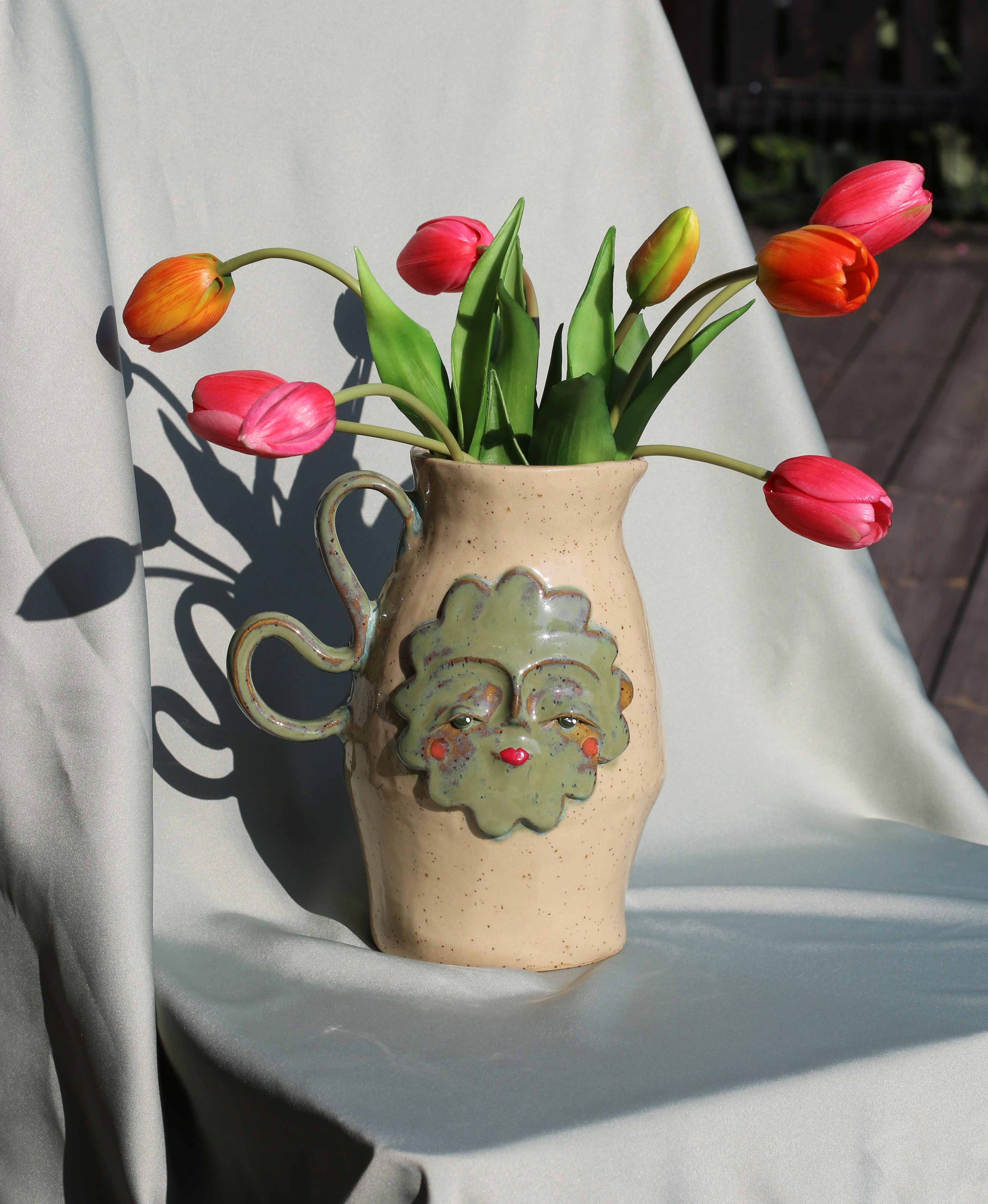 Jade Pitcher with a Flower Face - Speckled Stoneware – Cay Collective